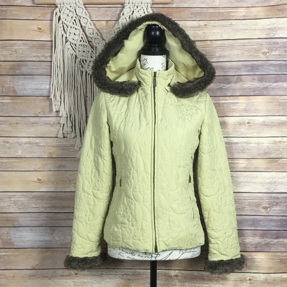 CAbi | Jackets & Coats | Cabi Pale Yellow Faux Fur Trim Quilted Coat ...